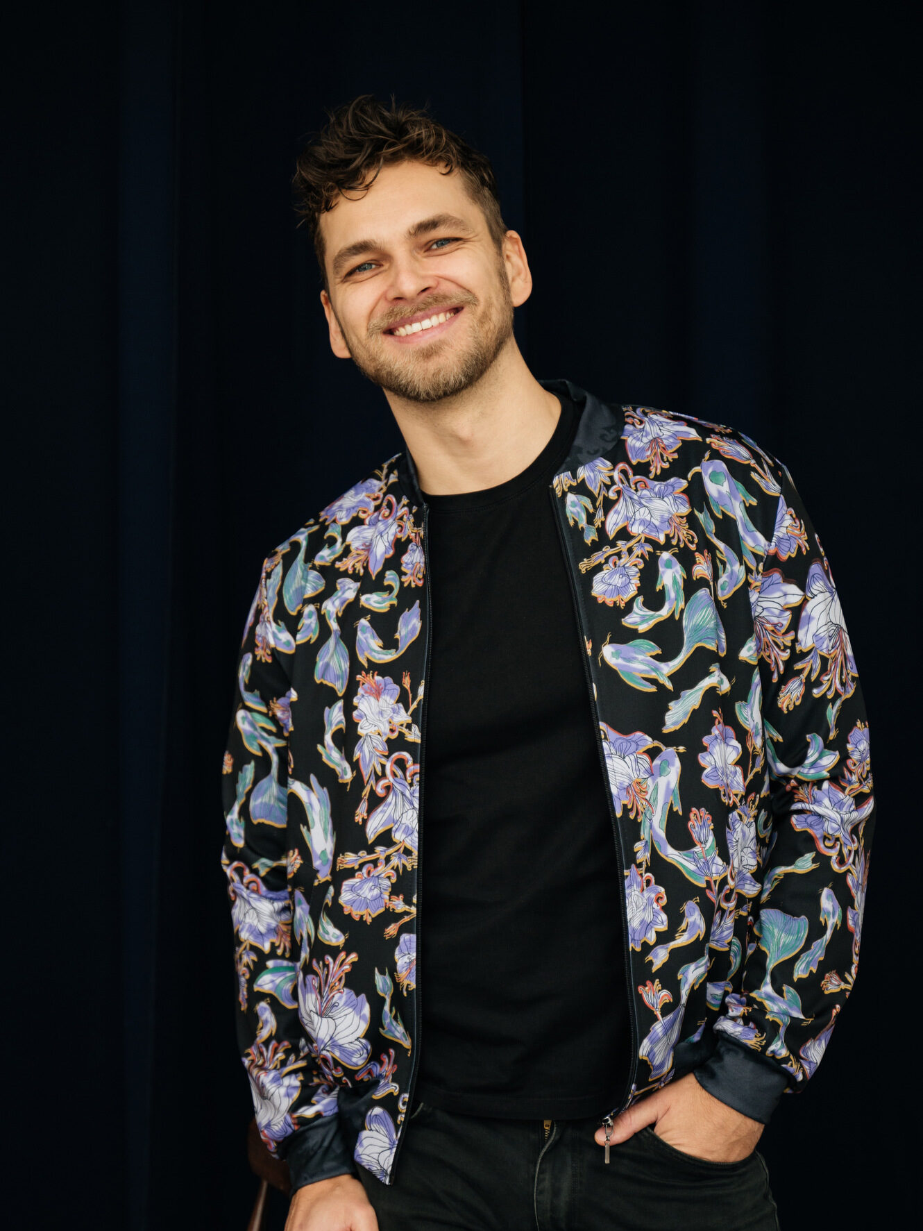 Bomber jacket with pattern - Black Fishes - CACOFONIA